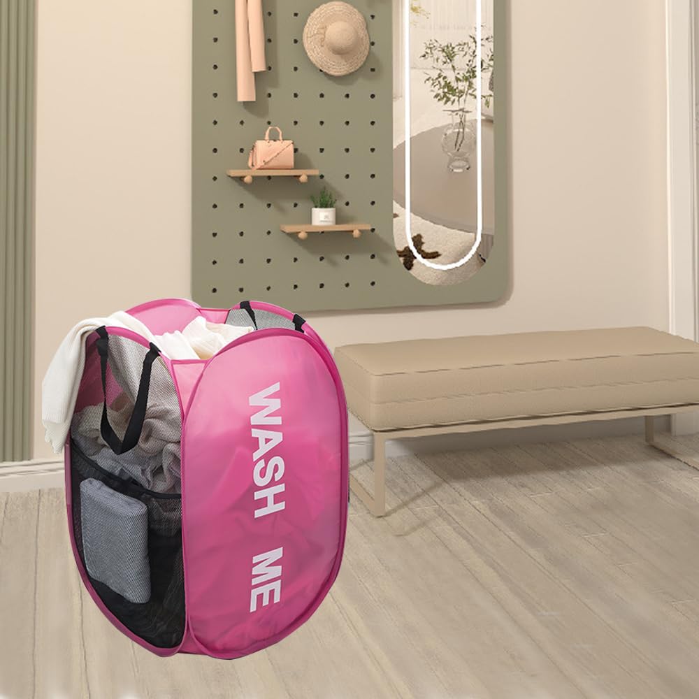 Larpur Pop Up Laundry Baskets, 2 Pack Mesh Laundry Hampers Collapsible Clothes Hampers for Home, Dorm, Travel (Black + Pink)