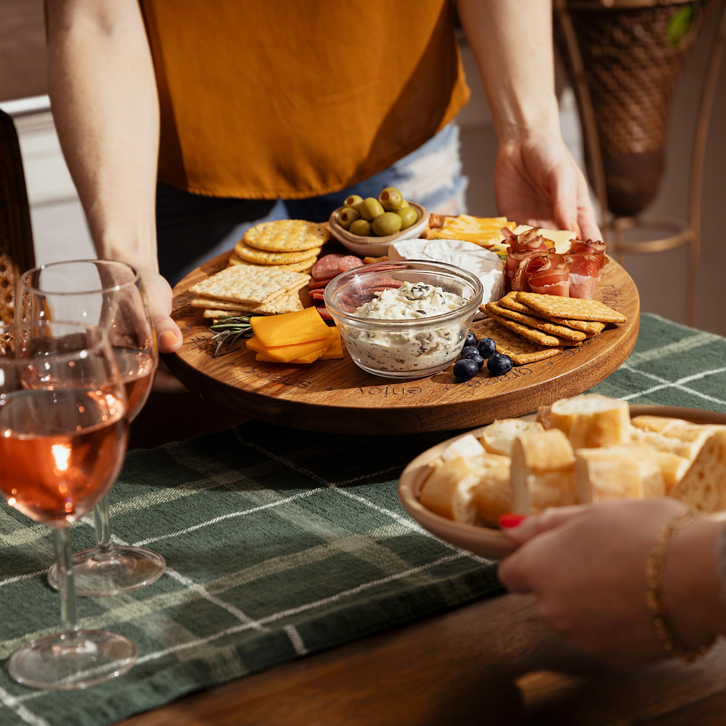 Laser Engraved Acacia Serving Board, 13 Inch Round Charcuterie Platter, Natural Wood Server for Meat, Cheese Board, and Party Appetizers, Grazing Board
