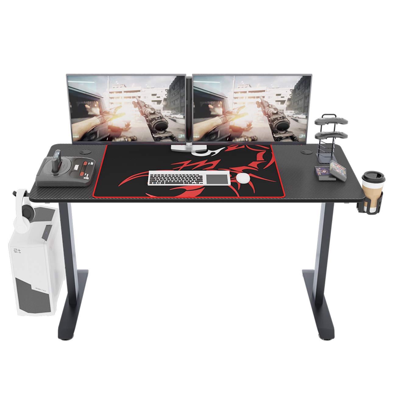 DlandHome 55 inches Gaming Desk, Large PC Gaming Table Computer Desk Workstation Racing Table E-Sports PC Desk with Cup Holder & Headphone Hook Powerful Cabling Management PC Desk, I55, Black