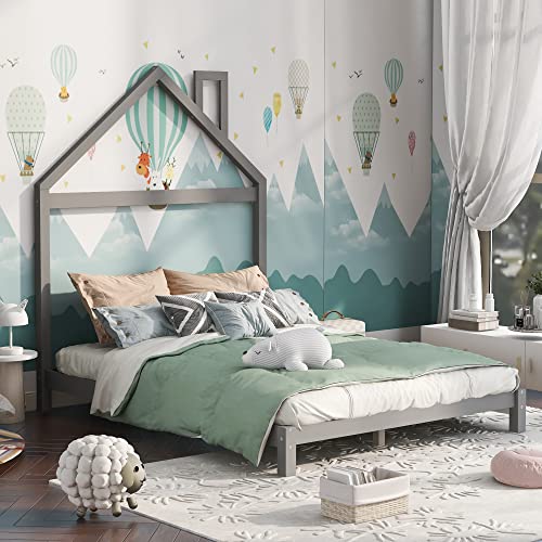 Oudiec Full Size Wood Platform Bed with House-Shaped Headboard,Wooden Bedframe for Boys/Girls/Teens/Kids Bedroom, No Box Spring Required, Gray