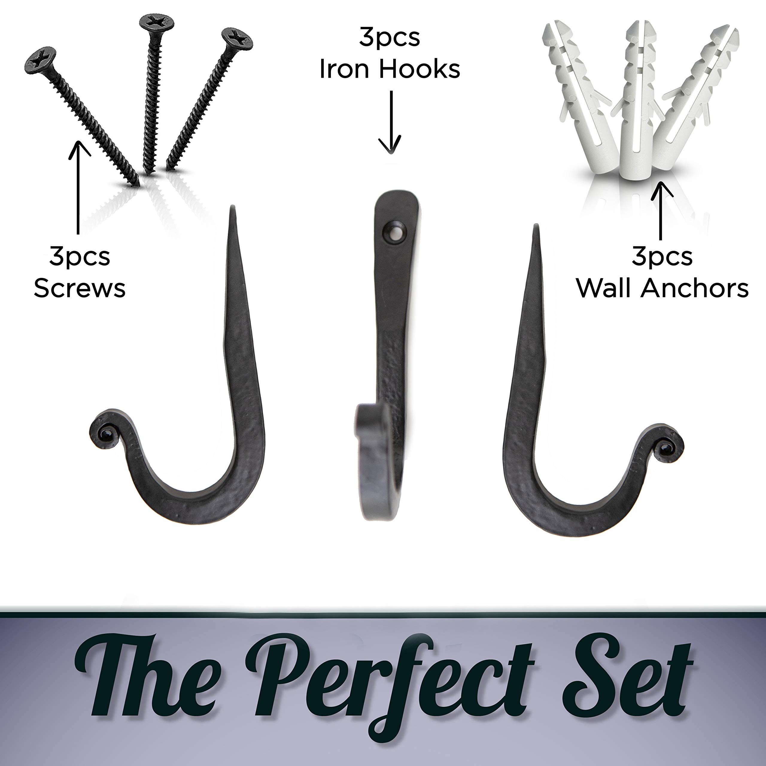 Stur-De Decorative Hooks for Wall - Wrought Iron Hooks for Hanging Coats, Hats, Bags, Towel Hooks for Kitchen or Bathrooms - Heavy Duty Black Hooks - 3.75 x 0.5 x 2 Inch (Black, 3 Hooks)