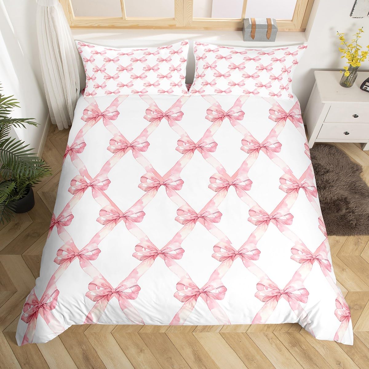 Manfei Pink Bowknot Duvet Cover Queen Size Dreamy Princess Style Kids Girls Comforter Cover with 2 Pillowcases for Teens Adults Watercolor Bow Geometric Grids White Bedding Set 3 Pcs Bed Cover