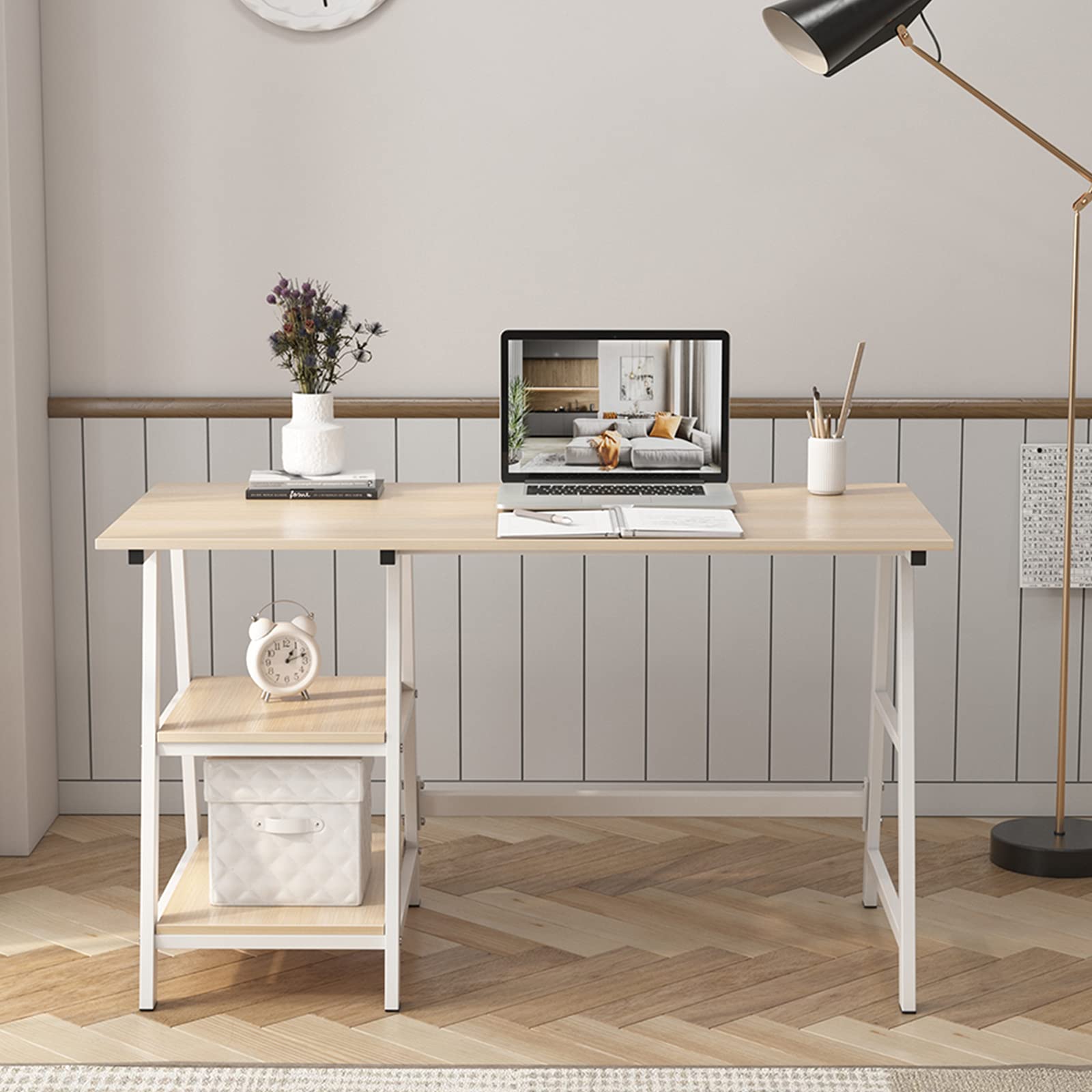 DlandHome 55 Inches Large Computer Desk, Trestle Desk, Home Office Desk/Workstation/Writing Table with Opening Shelves, Maple, TP-140MW