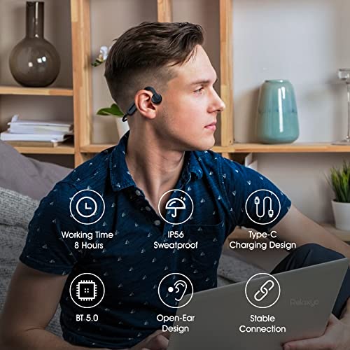 RELAXYO Bone Conduction Headphones, Open Ear Wireless Earphones BT 5.0 Headset, with Up to 8 Hours Playtime Built-in Mic IP56 Sweatproof, for Running Hiking Cycling and Workouts(Black)…