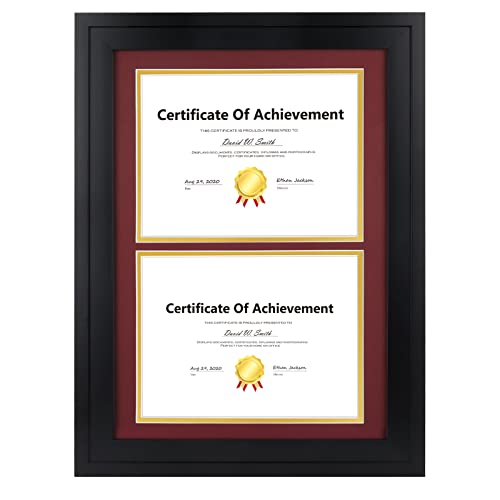 Golden State Art, 14x20 Double Diploma Frame, Black Frame to Dispalay Double 8.5x11 Document with Red Over Gold Mat, Solid Wood & Tempered Glass Protection