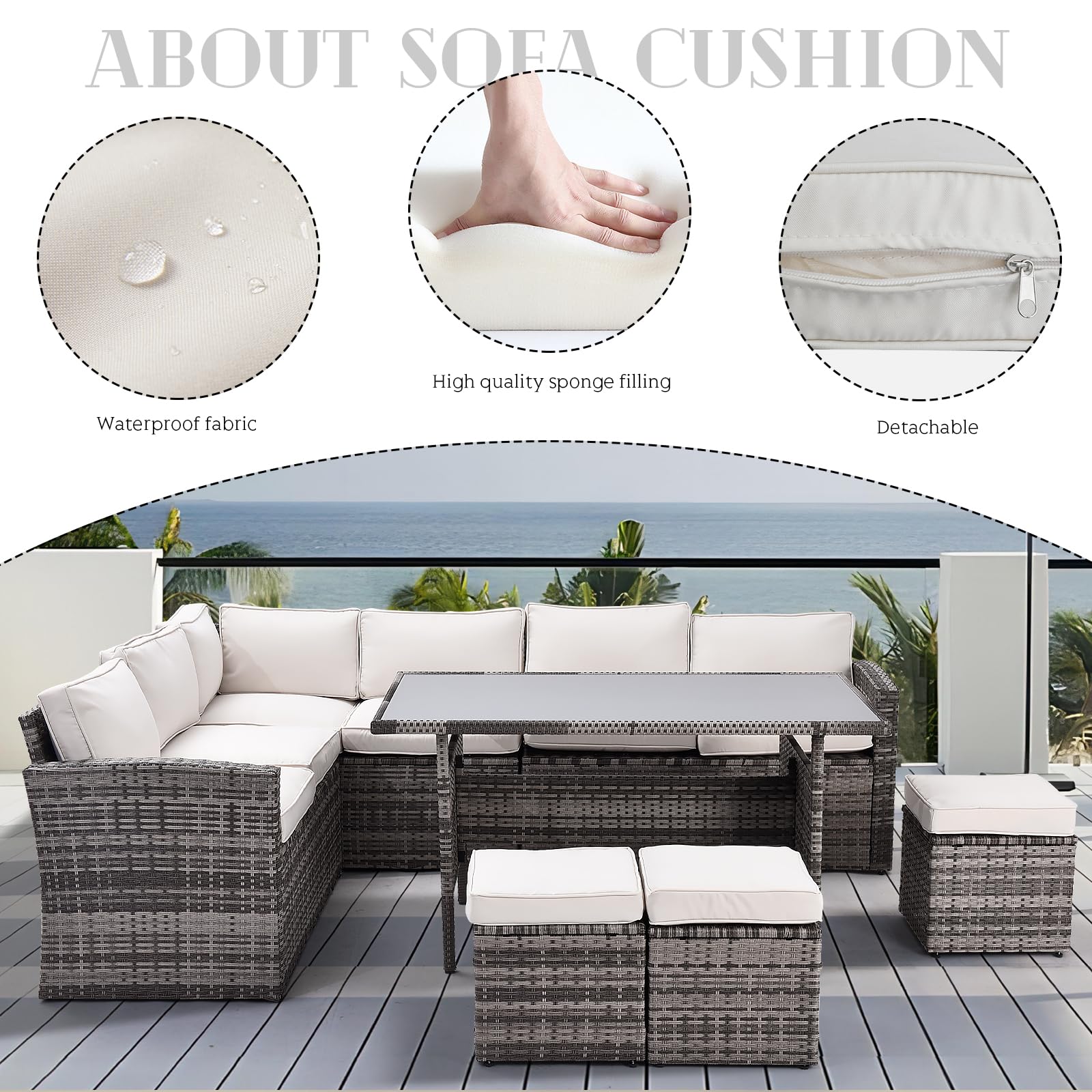 SoarFlash 7 Pieces Wicker Conversation Set Outdoor Patio Furniture Sofa Set, All-Weather Rattan Sectional Sofa with Ottoman, Cushion, Dining Table for Garden, Backyard,Poolside, Beige