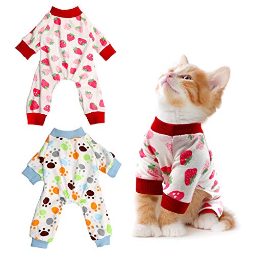 Rypet Small Dog Pajamas 2 Pack - Cute Cat Pajamas Onesie Soft Puppy Rompers Pet Jumpsuits Cozy Bodysuits for Small Dogs and Cats（Blue + Red）
