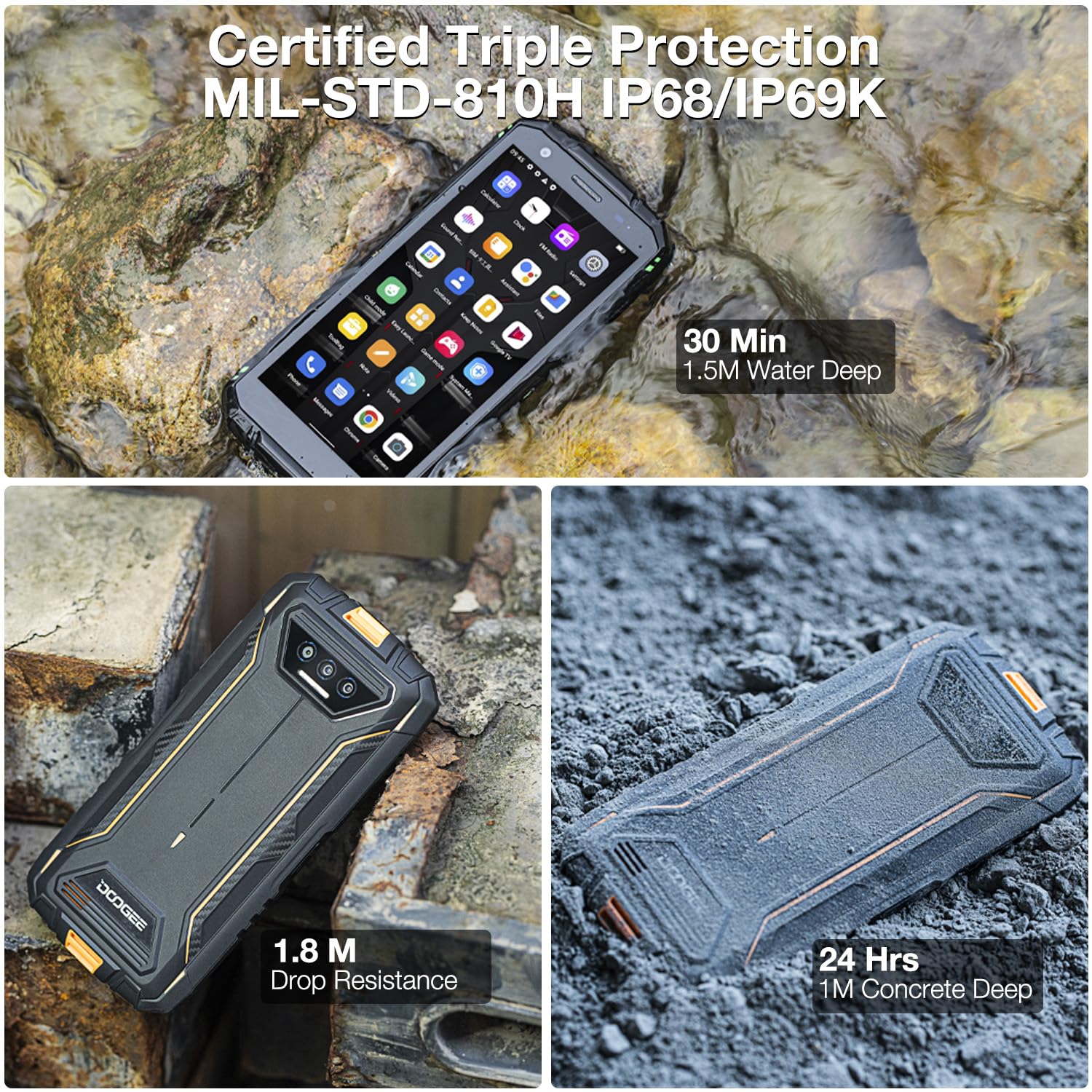 DOOGEE Rugged Smartphone,7GB+64GB S41 PRO Rugged Phone Unlocked,Android 12 Phone,6300mAh Battery,13MP Camera,IP68/IP69K Waterproof Phone,Face Unlock,4G Dual Sim NFC/T-Mobile,BT5.0,Orange