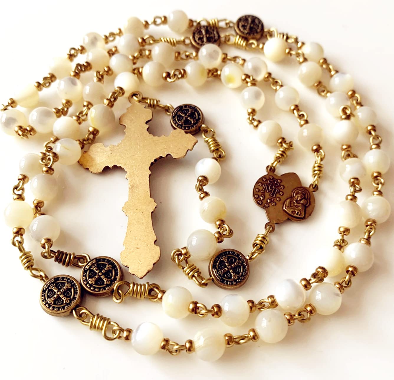 elegantmedical HANDMADE COPPER CATHOLIC ROSARY Moonlight Mother of Pearl Beads necklace Crucifix Cross gift box Gift