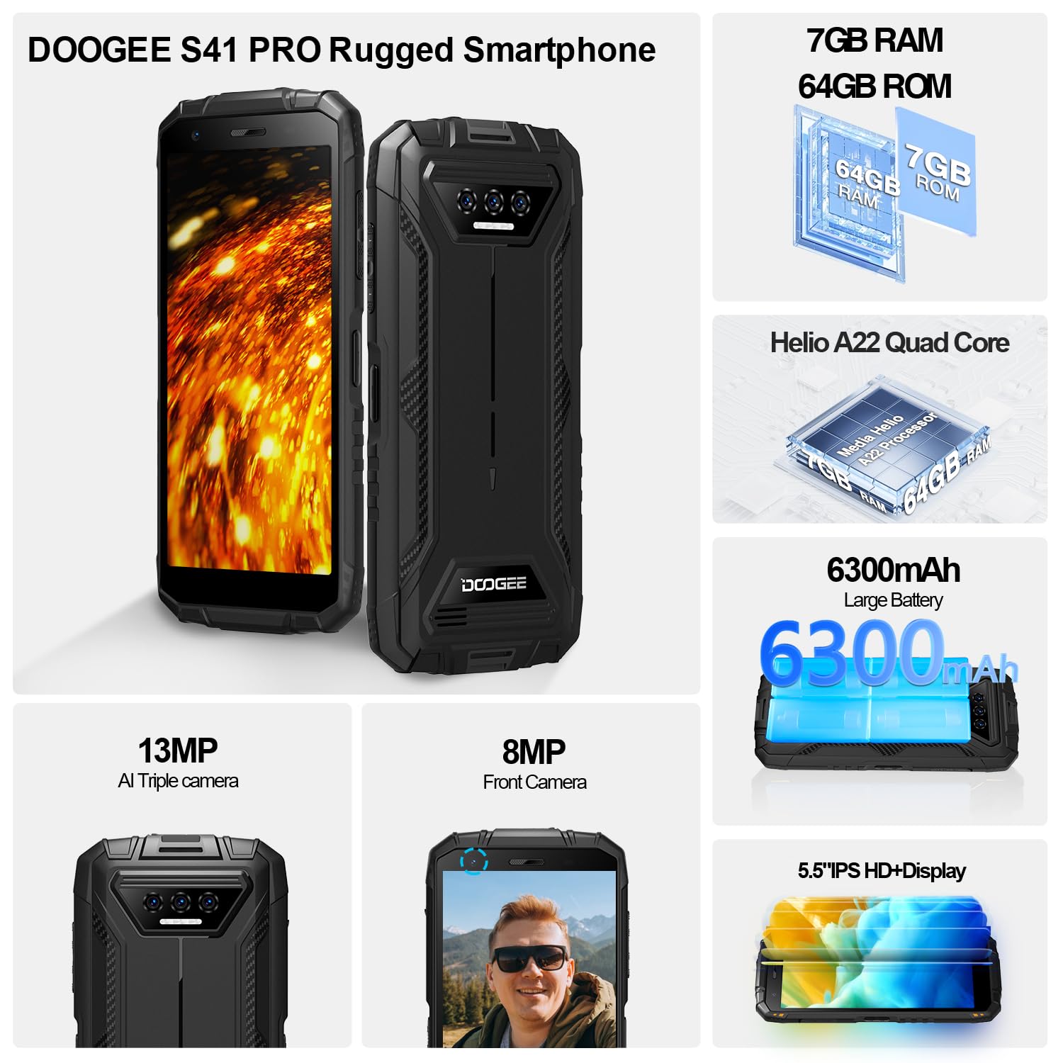 DOOGEE S41 PRO Rugged Smartphone Unlocked,6300mAh Battery,7GB+64GB,4G Dual Sim Rugged Phone,Android 12 Phone,13MP Camera,IP68 Waterproof Cell Phone,Face Unlock,NFC/T-Mobile,Black
