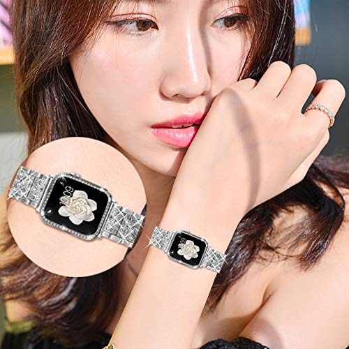 Mosonio Compatible with Apple Watch Band Series 9/8/7 45mm with Case Women, Jewelry Replacement Metal Wristband Strap with 2 Pack Bling PC Protective Cover for iWatch 45mm Series 9/8/7(Silver)