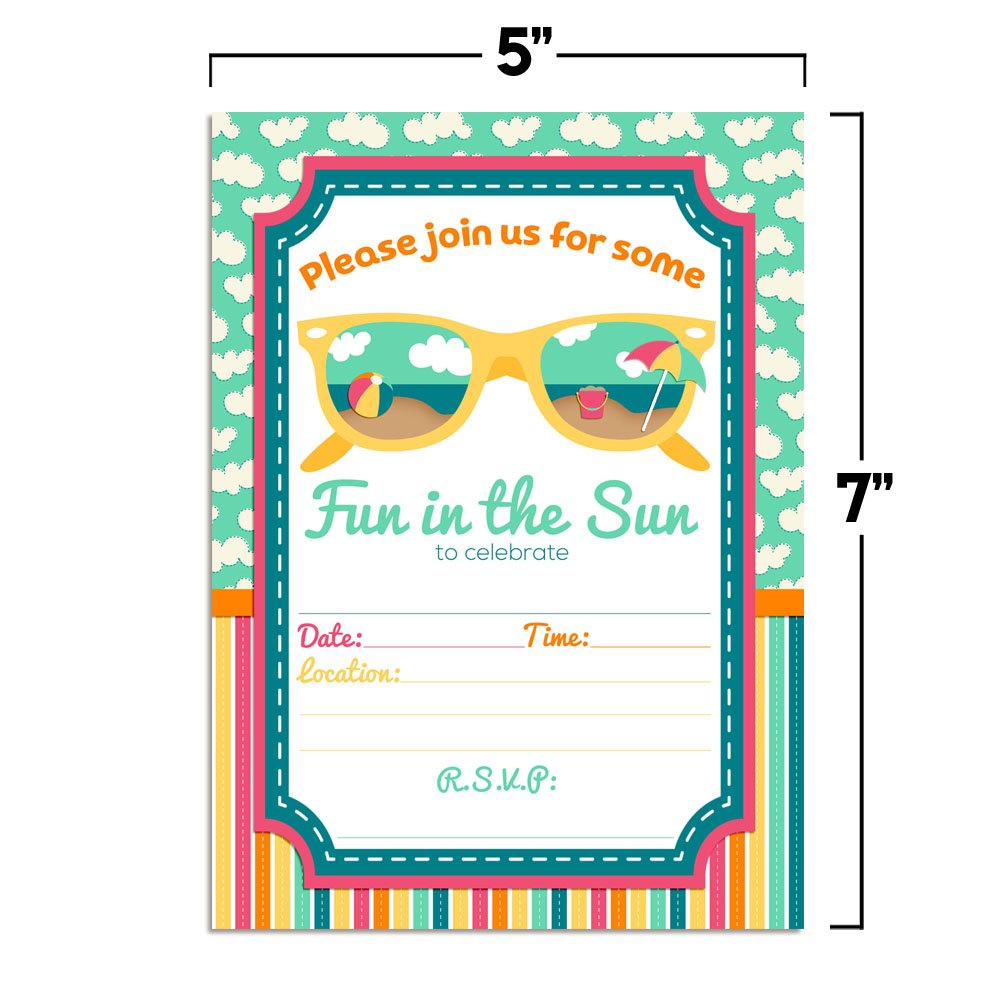 Summer Fun in the Sun Birthday Party Fill in Invitations set of Twenty with envelopes by AmandaCreation