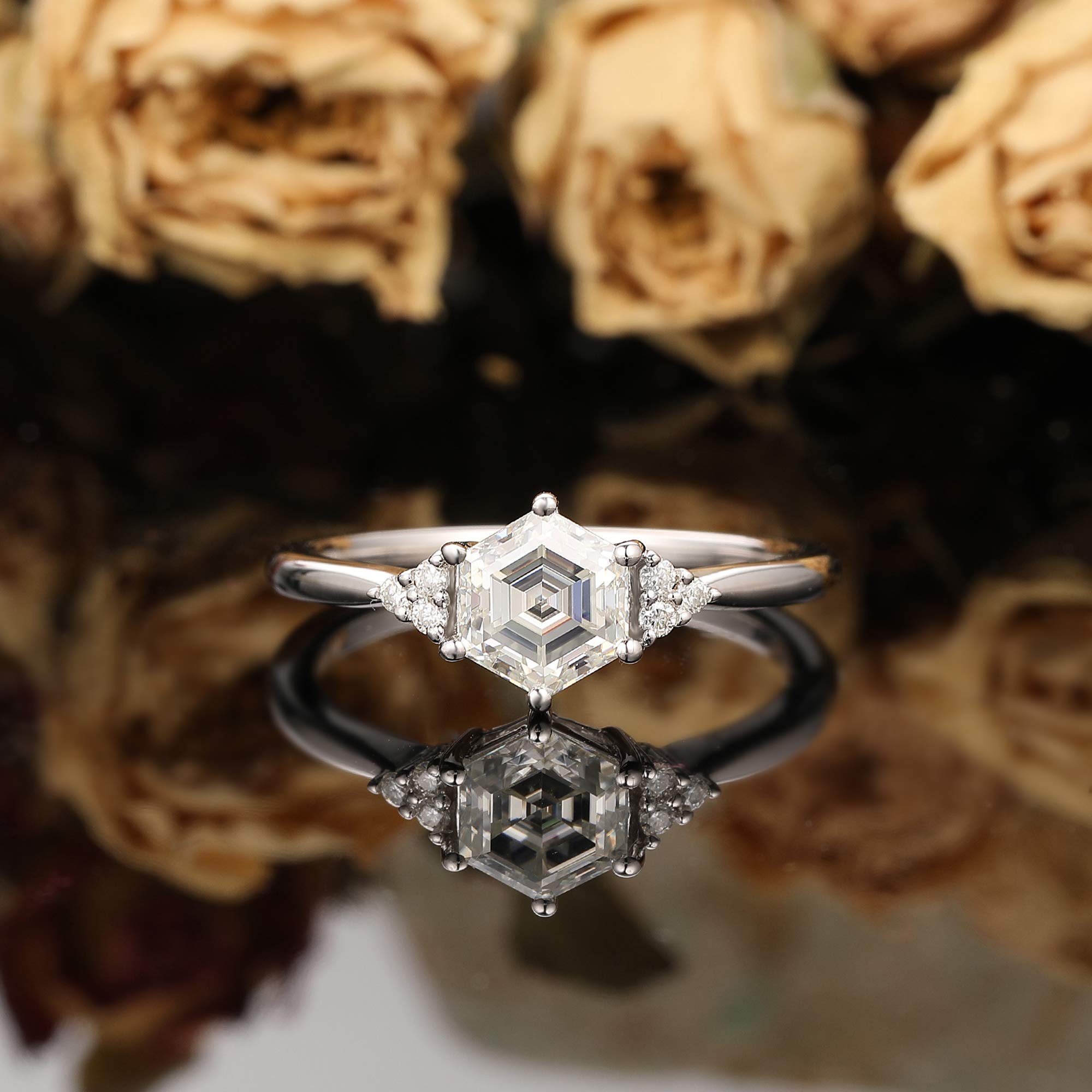 Esdomera Excellent Hexagon Cut 6mm 1.85ct Genuine Moissanite Women's Ring Platinum Plated Sterling Silver Ring Accents Engagement Ring for Women (7)