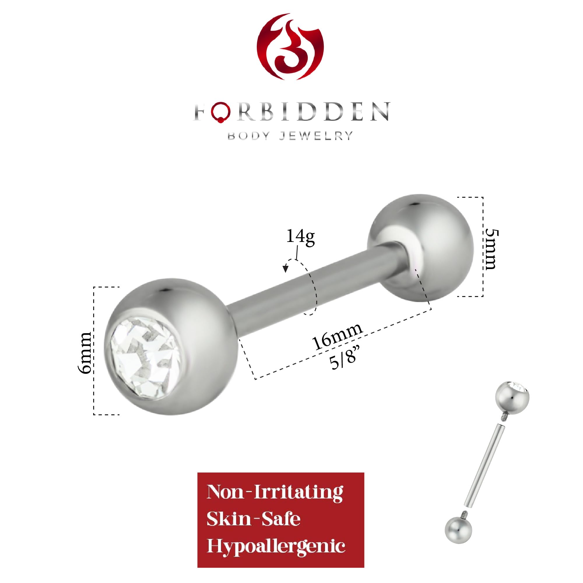 Forbidden Body Jewelry 14G 16mm (5/8 Inch) Internally Threaded Surgical Steel CZ Crystal Tongue Ring