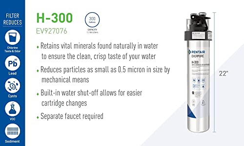Pentair Everpure H-300 Drinking Water System, EV927076, Includes Filter Head, Filter Cartridge, All Hardware and Connectors, 300 Gallon Capacity, 0.5 Micron