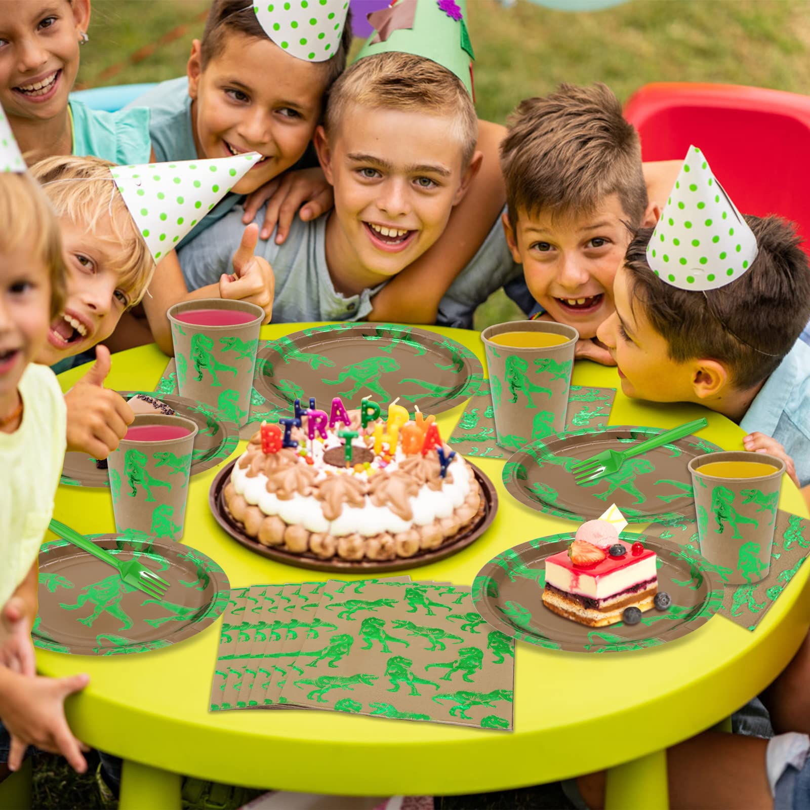 DYLIVeS Green Foil Dinosaur Birthday Party Decorations,Rawr Dinosaur Disposable Tableware Set Dinosaur Rex Party Supplies for Boys, 9'' Dinosaur Dinner Plates and Napkins Cups Forks Set, Serves 24