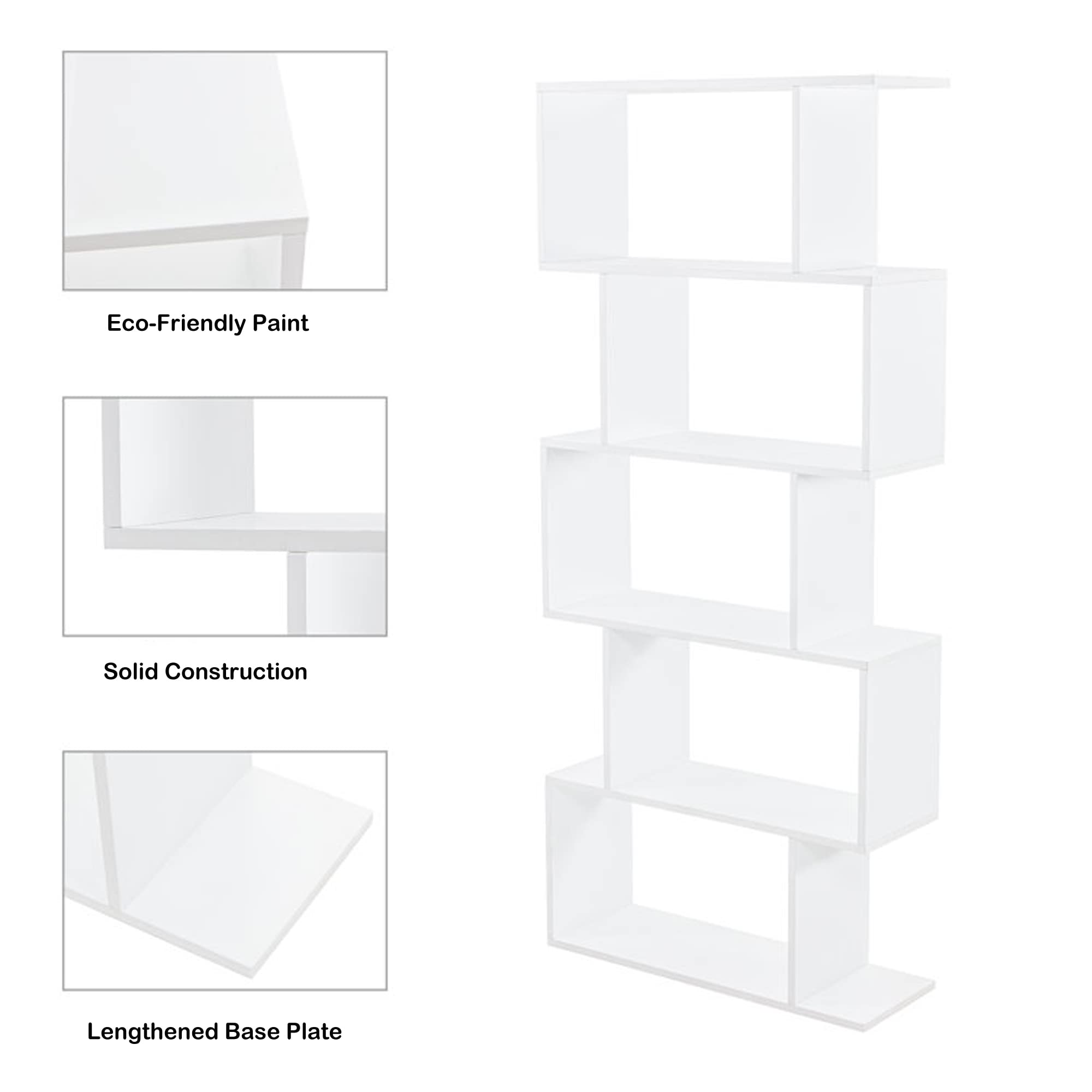 Function Home 5-Tier Geometric Bookcase, Freestanding S Shaped Bookshelf, Modern Multifunctional Display Shelves, White Book Shelf for Bedroom Living Room