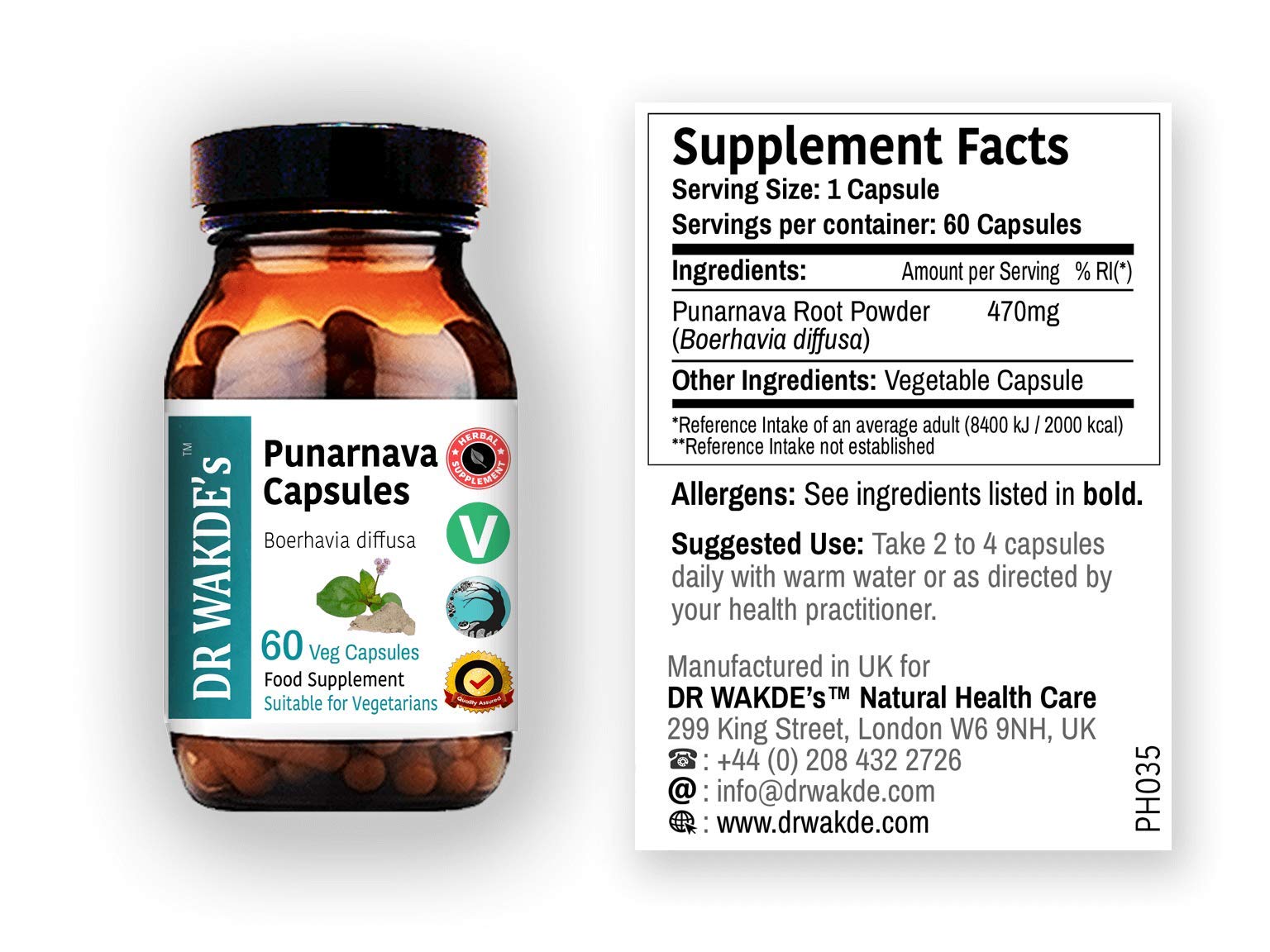 DR WAKDE'S Punarnava Capsules (Boerhavia diffusa, 60 Veg Caps, Plant-Based Supplement, Ayurvedic Herb, All Natural, Vegan)
