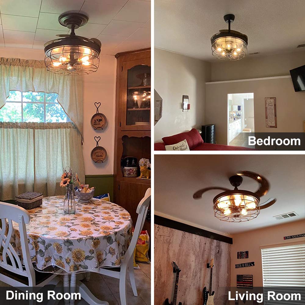 DLLT Ceiling Fan with Lights-42 Industrial Ceiling Fan with Retractable Blades, Vintage Cage Ceiling Light Fixture with Remote for Dining Room, Living Room, 5 E26 Bulbs Not Included, Black