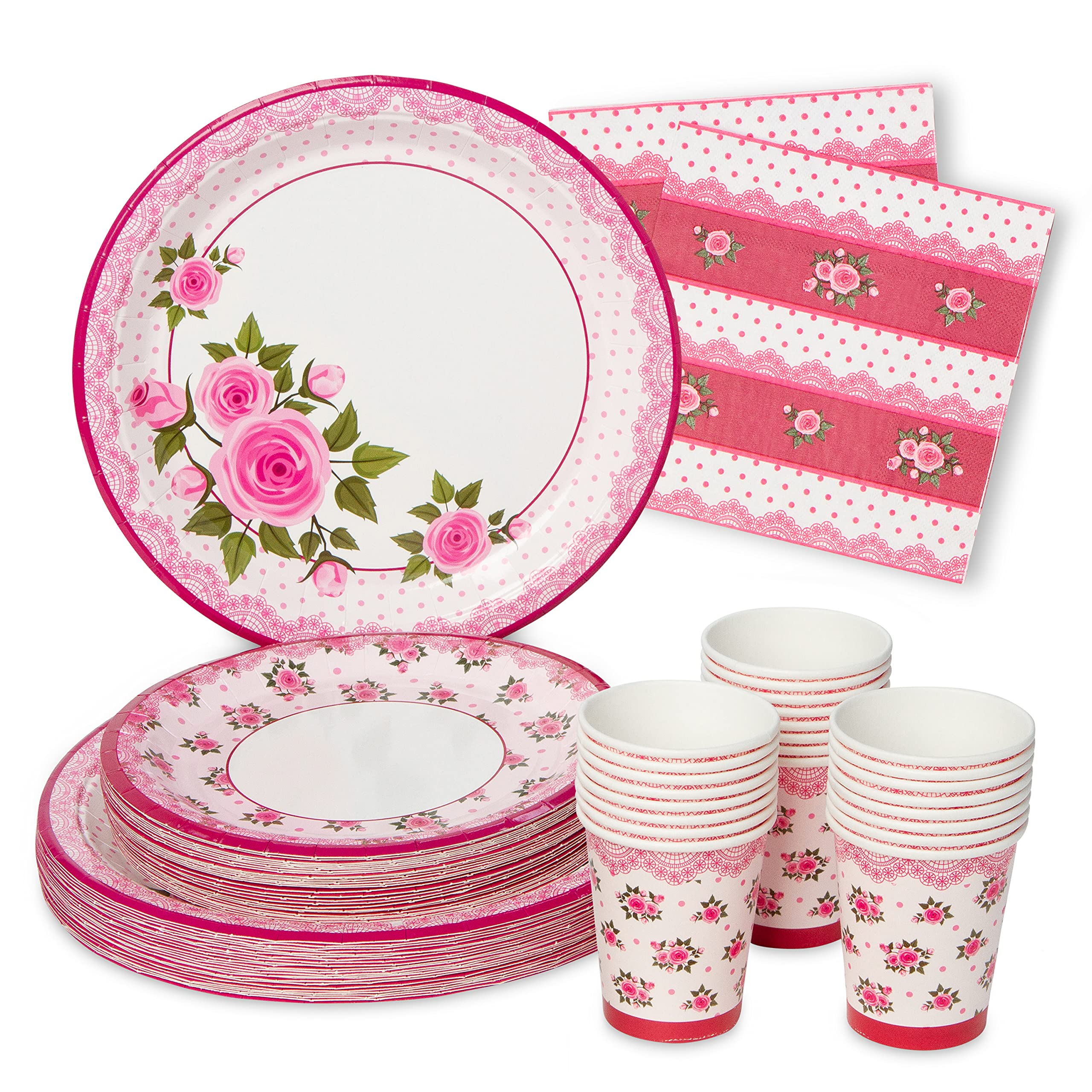 Royal Bluebonnet Paper Plates and Napkins Sets â Set of 24 â Paper Plates and Napkins and Cups, Rose Floral Tea Party Decorations, Paper Plates