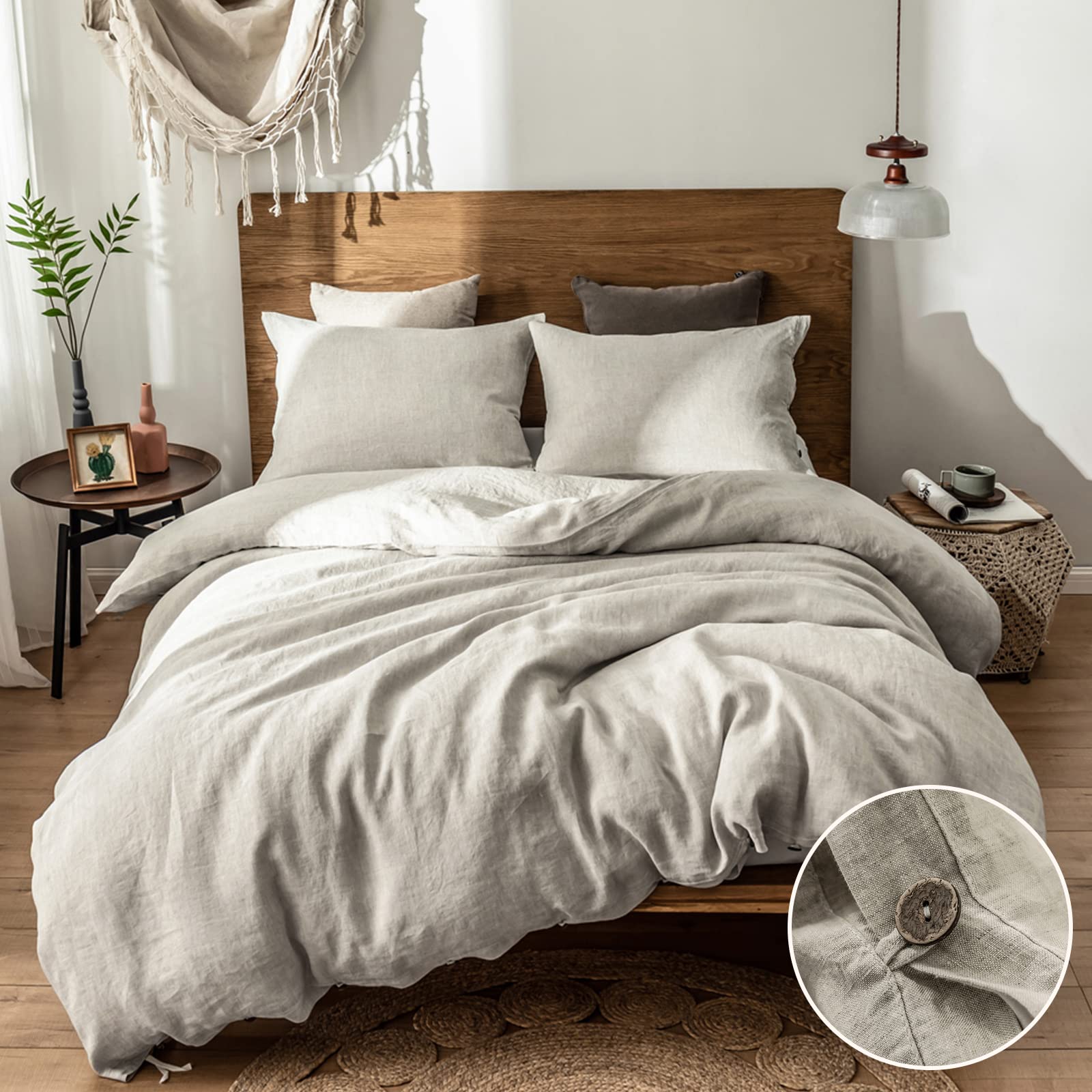 Simple&Opulence 100% Linen Duvet Cover Set, 3 Pieces Belgian Flax Breathable Bedding, 1 Comforter Cover+2 Pillowshams with Coconut Button Closure(King,Linen)