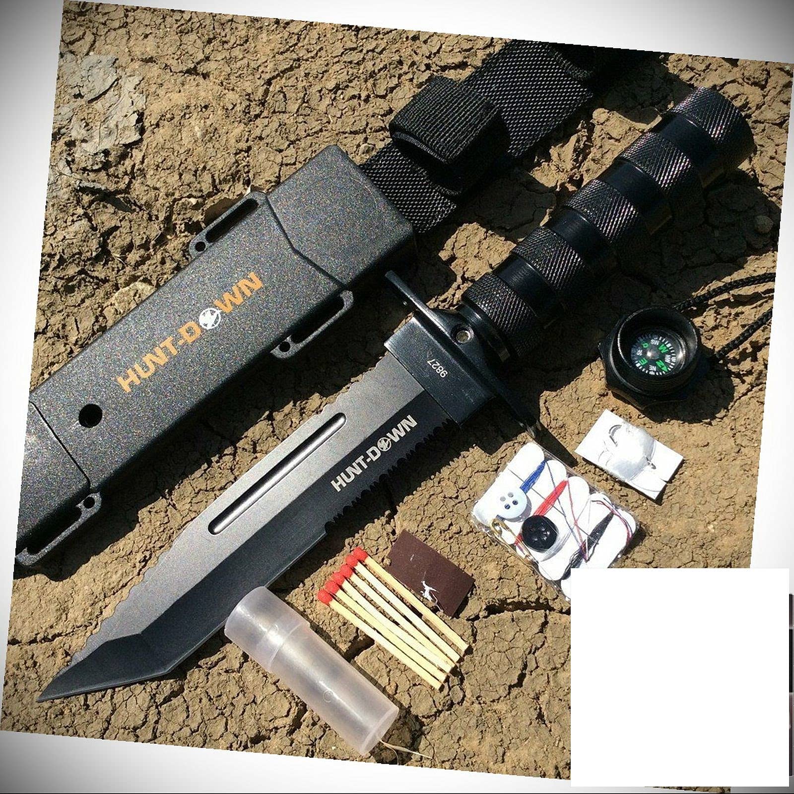 Hunt-Down 12" Black Color Fixed Blade Survival Stainless Steel Blade Knife - Survival Kit & Compass