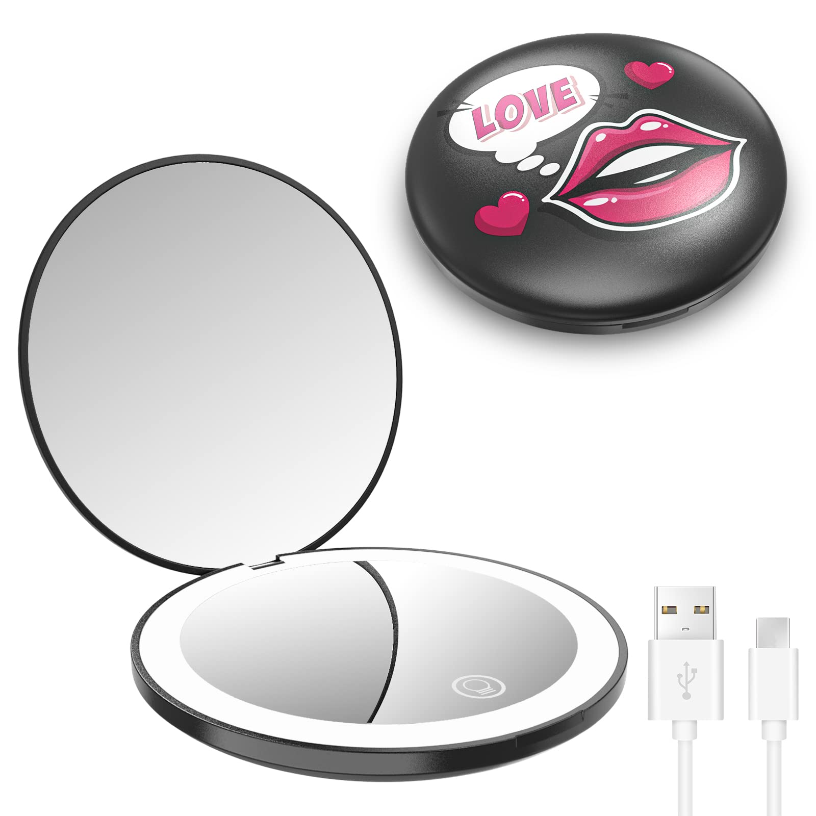Hensam Touch Dimmable Pocket Mirror,1X/10X Magnification, LED Lighted Compact Mirror,Rechargable,2-Sided,Handheld,Travel Makeup Mirror,3.5in,Black