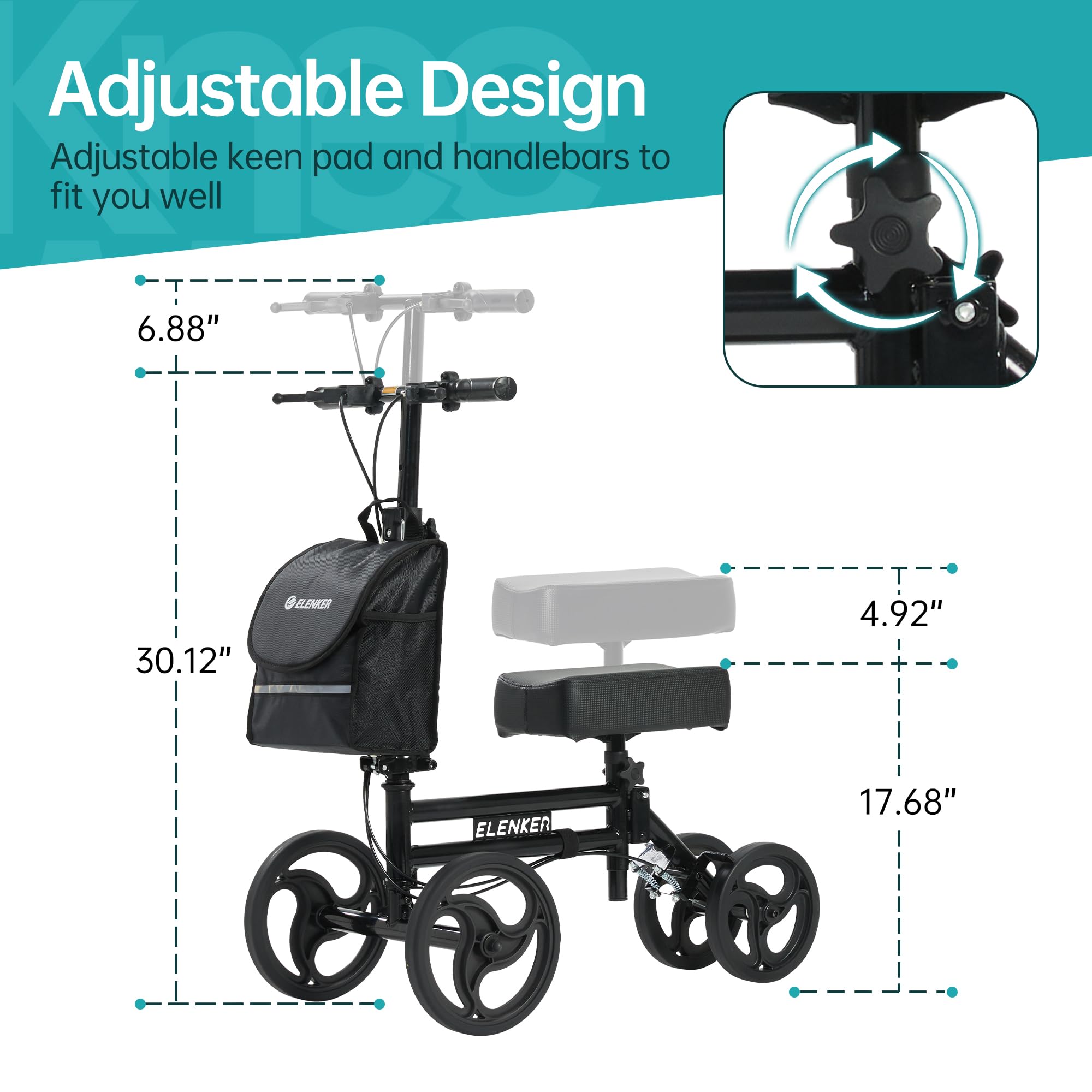 ELENKER Economy Knee Walker Steerable Medical Scooter Crutch Alternative Black