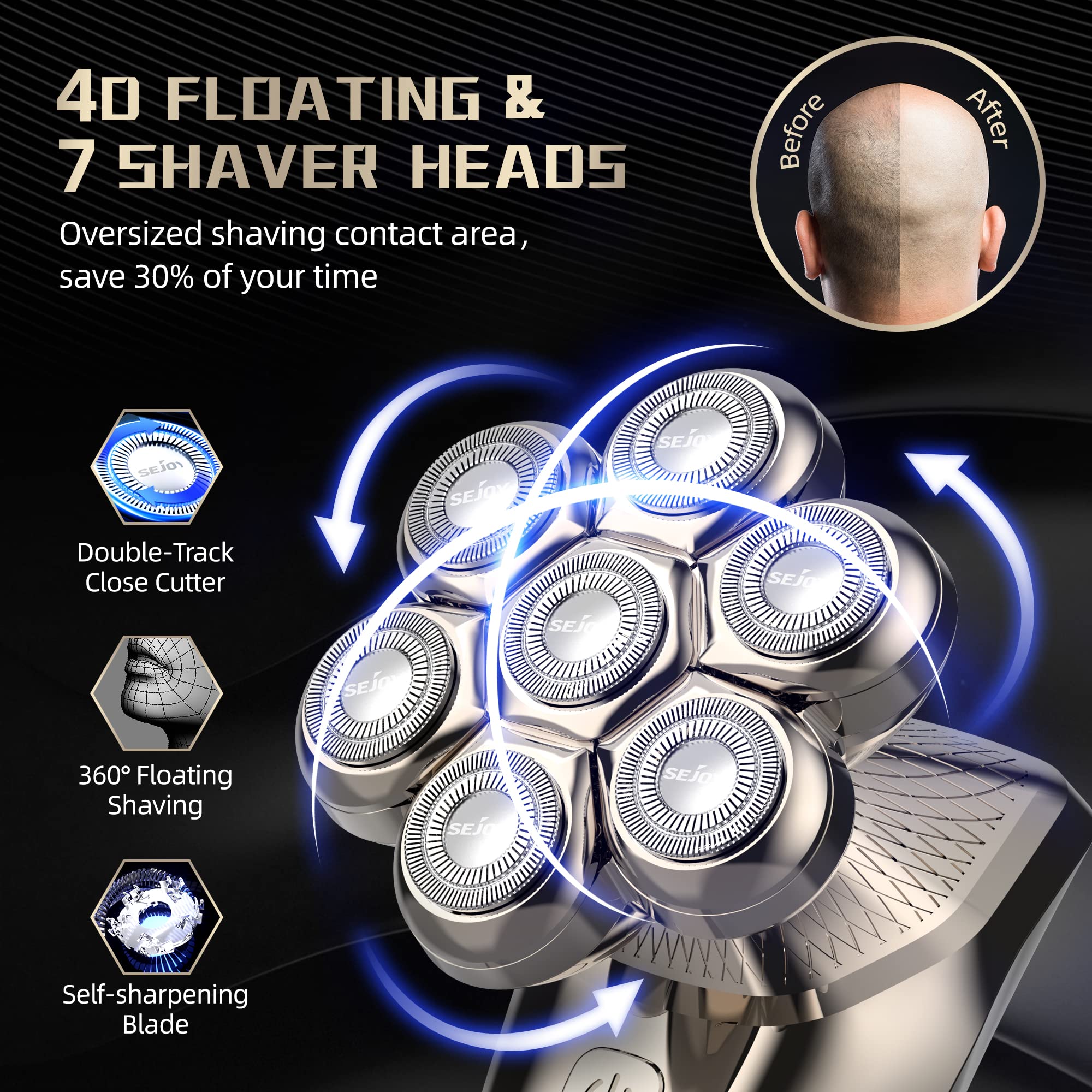 Head Shaver for Bald Men, Electric Razor for Men 5-in-1 Multifunctional Electric Head Shaver Bald Clippers for Men Wet/Dry Waterproof 7D Rotary Shaver Grooming Kit Rechargeable with LED Display