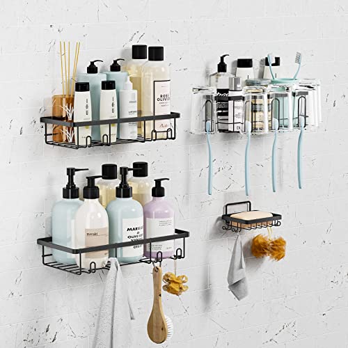 Tivisir Shower Caddy 4-Pack,Bathroom Storage Rack with Hook,Adhesive Shower Organizer &Drilling, Shower Organizer with Toothbrush Holder with Soap Rack,Rustproof Stainless Steel Shower Shelf (Black)