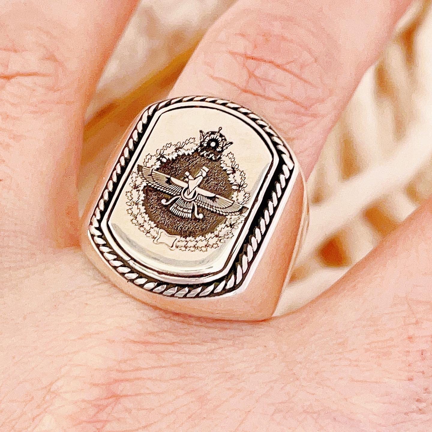 Esmawish Handmade Turkish made Zoroaster Farvahar Emblem Zoroastrian 925K Stamped Sterling Silver Men Woman Ring (9)