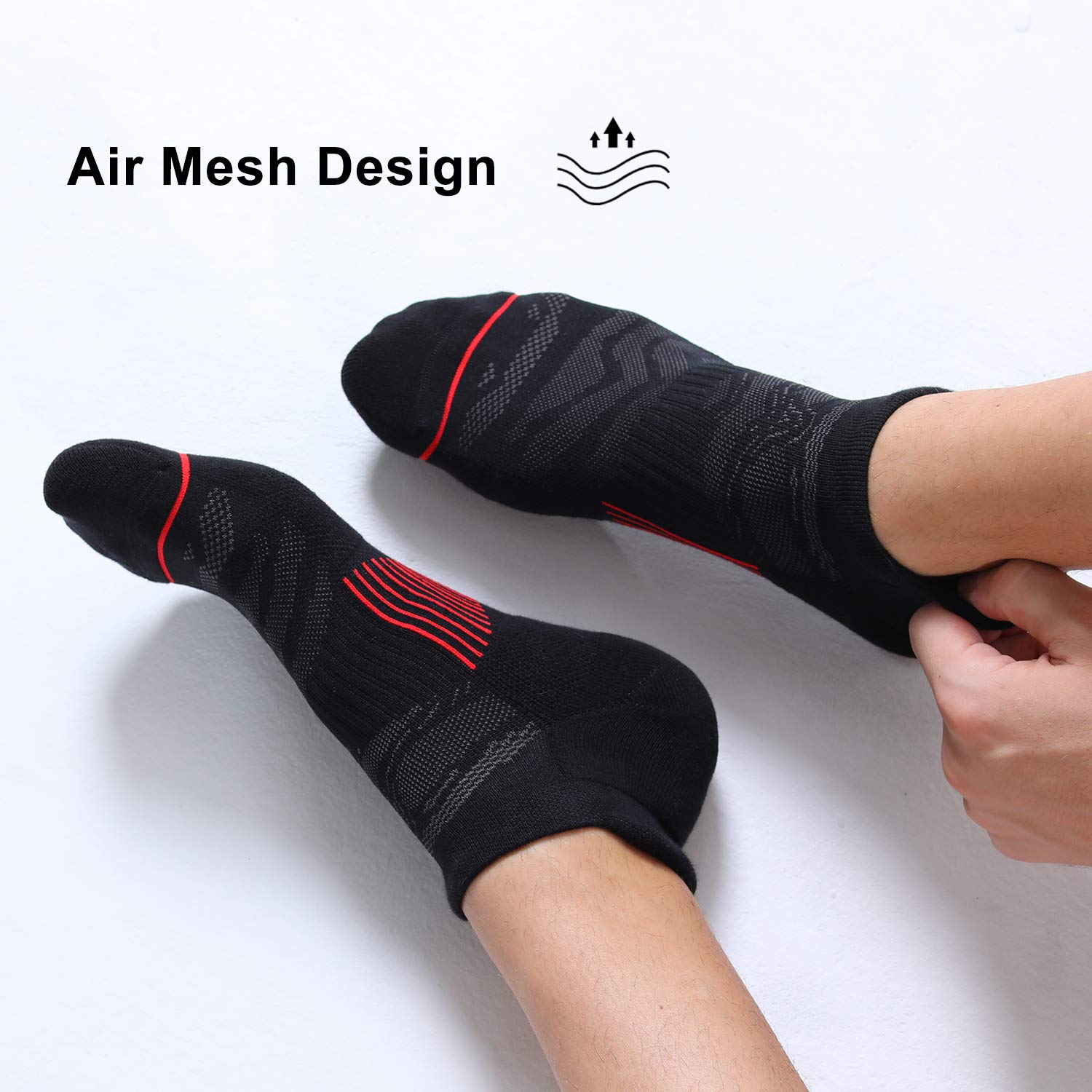 FITRELL 6 Pack Men's Ankle Running Socks Low Cut Cushioned Athletic Sports Tab Socks, Shoe Size 12-15, Black+Red
