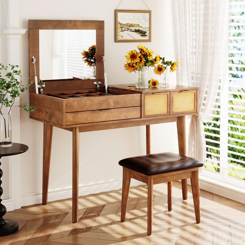 FDSPDO Classic Wood Makeup Vanity Set with Flip-top Mirror and Stool, Dressing Table with Three Drawers and Storage Space, Brown
