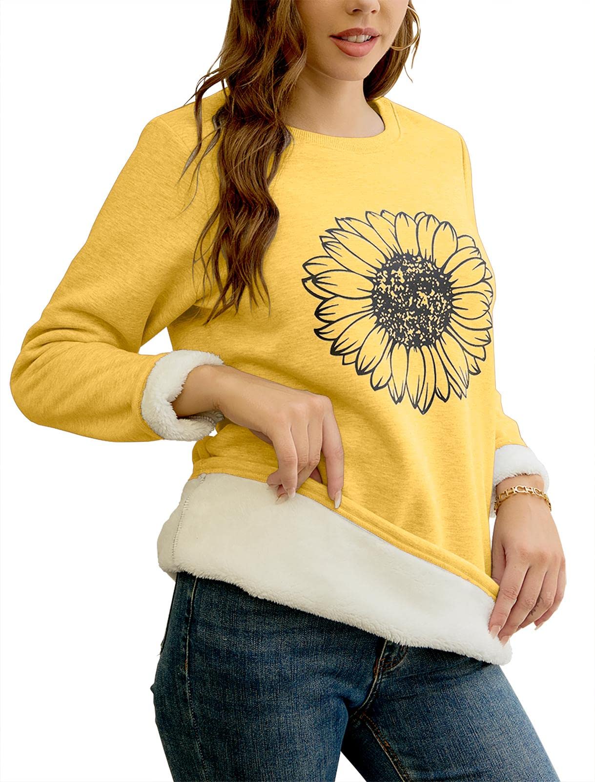 Esobo Womens Blouse Warm Pullover Sweatshirts Sunflower Printed Crewneck Long Sleeve Sweaters Tops Yellow