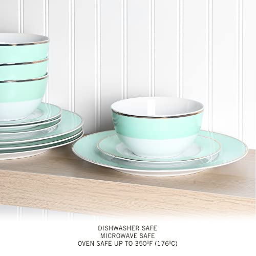 Martha Stewart Gracie Lane Porcelain Decorated Dinnerware Set - Martha Blue w/Gold Rim, Service for 4 (12pcs)