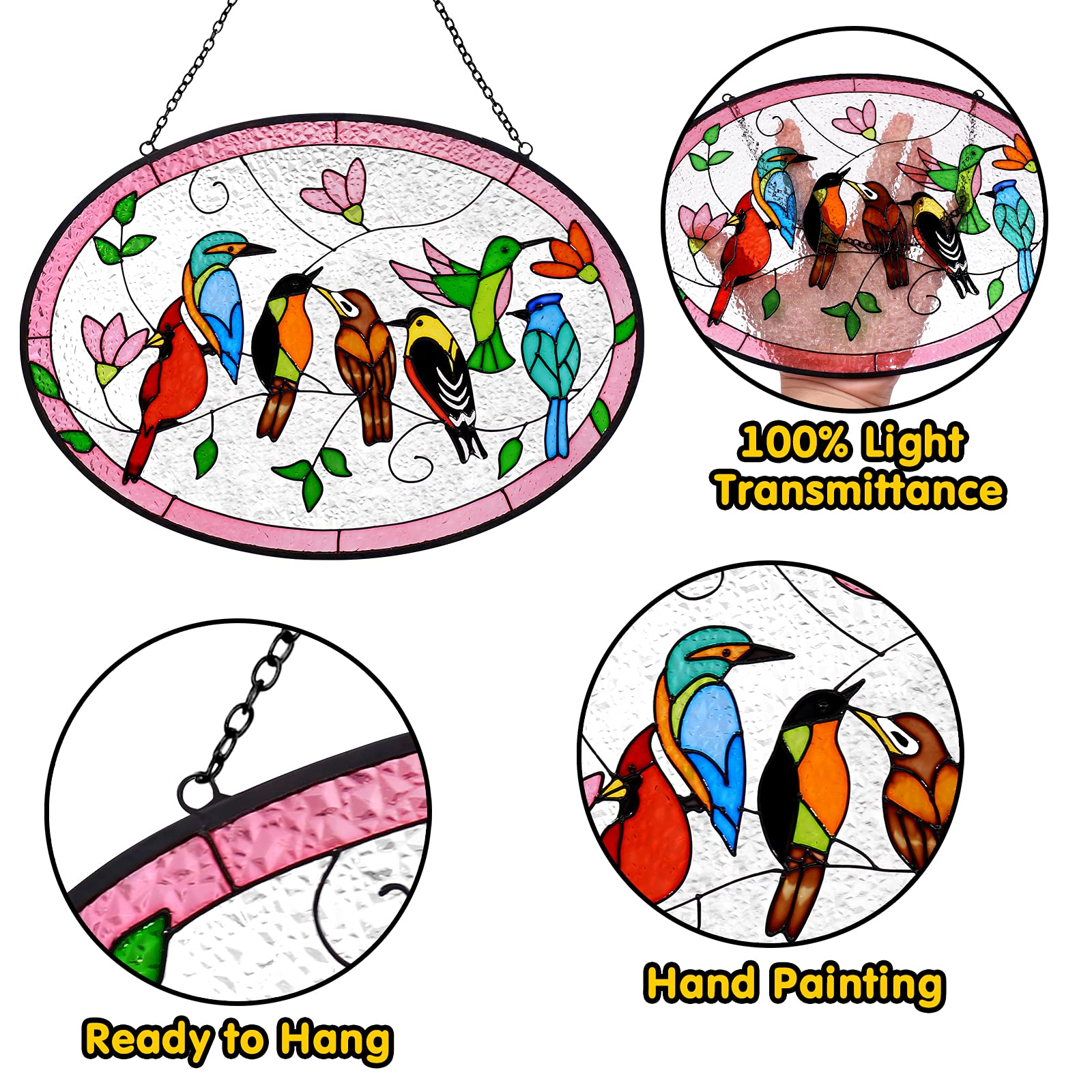 Huray Rayho Birds On A Branch Stained Glass Ornament, 9.5''x6.7'' Cardinal Hummingbird Suncatcher Hand-Painted Double Side Glass Panel Window Hanging Decor Bird Lover Gift for Mom, Grandma, Teacher