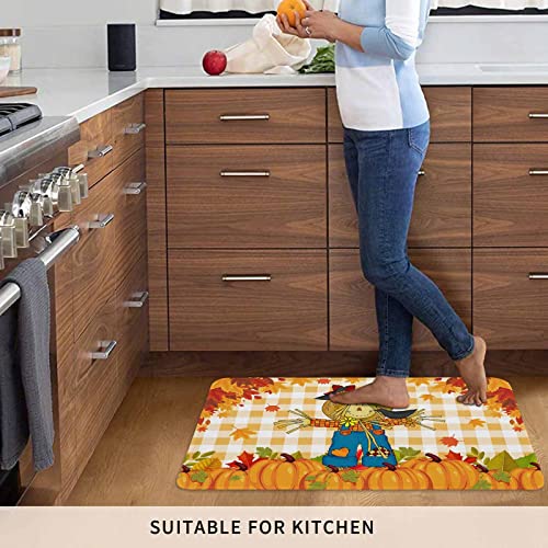 Fall Bathroom Rugs Scarecrow Crow Pumpkin Fall Bath Mat Sponge Doormat, Maple Leaf Buffalo Plaid Absorbent Bath Mat Non Slip Washable Durable Foam Mats Carpet for Bathroom Kitchen,18 x 30 Inch
