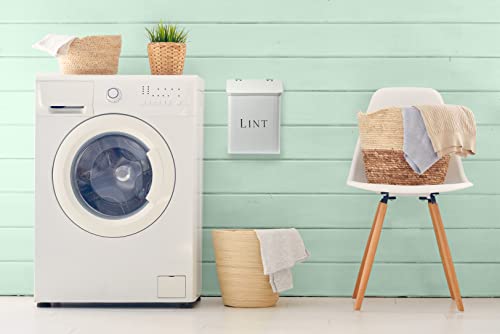 MOUNT DELECTABLE Magnetic Lint Bin for Laundry Room, Wall Mounted Lint Box Holder Trash Can with Lid for Dryer, Lint Basket for Laundry Room, Farmhouse Style Laundry Storage and Organization