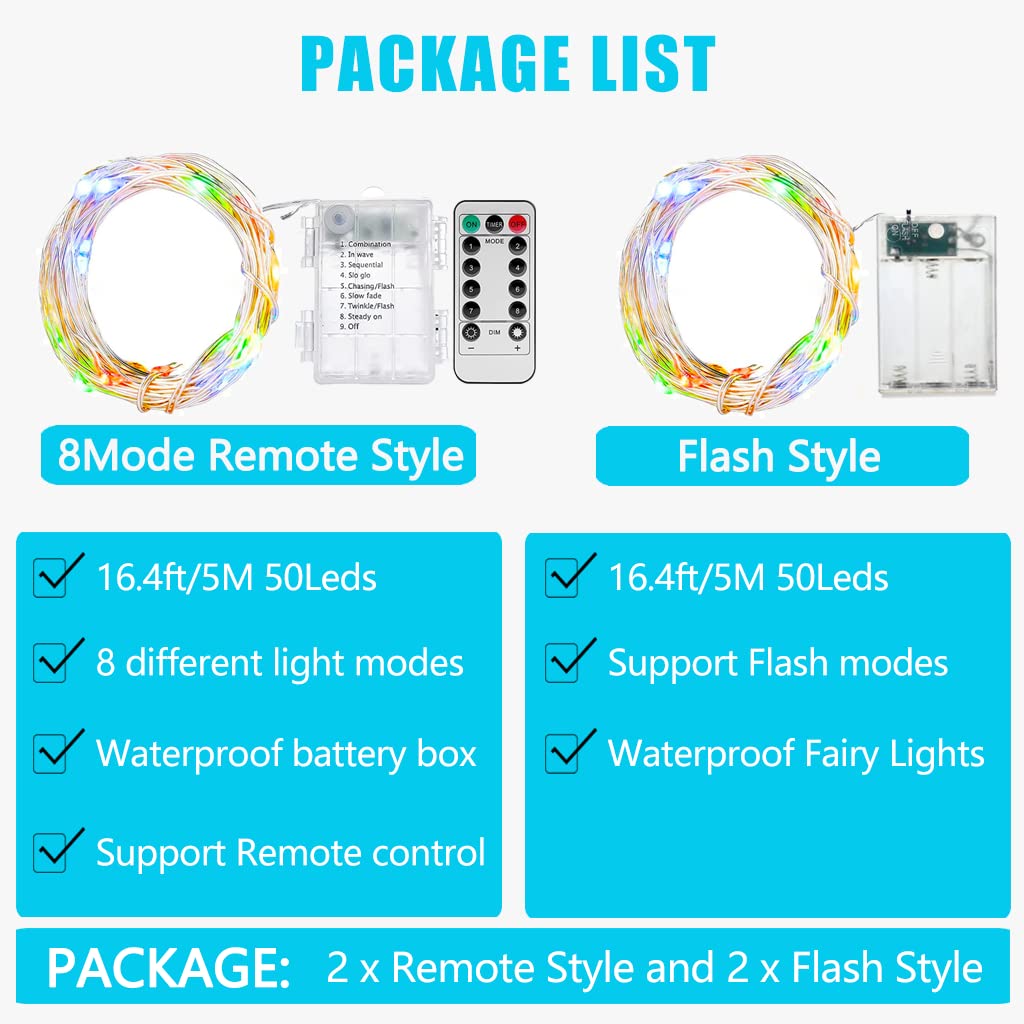 Dienalls Fairy Lights 2 Pack Battery Operated Waterproof 50leds with Remote Control Timer 16.4ft Silver Wire Twinkle String Lights for Christmas Parties Bedroom Wedding Dorm Garden Home Decoration