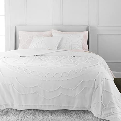 MARTHA STEWART Sophia Medallion Chenille Queen Size Comforter Set - 3 Piece,1 Comforter(90"x92"), 2 Pillow Shams(20"x26"), 100% Cotton, Breathable, Reversible, Machine Wash, White (All Season)
