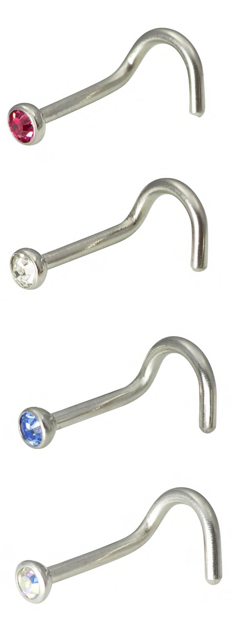 Forbidden Body Jewelry Set of 4 Nose Screws: 20g Surgical Steel CZ Crystal Nose Screws (Clear, Pink, AB & Aqua)
