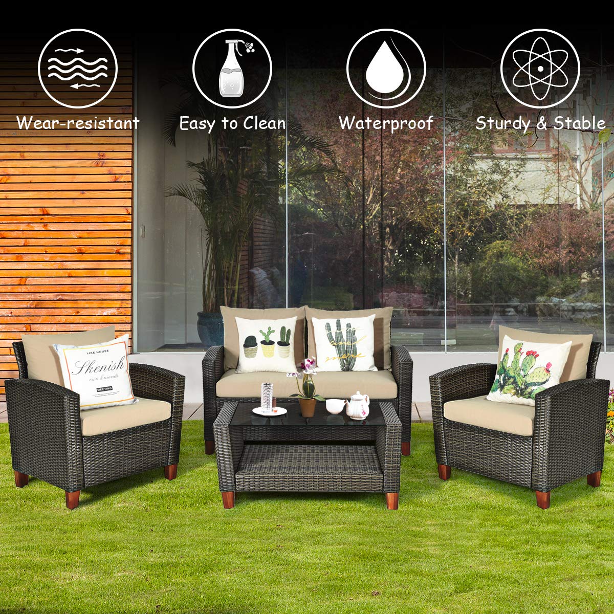 Tangkula 4 Piece Patio Rattan Furniture Set, Onesize, Beige