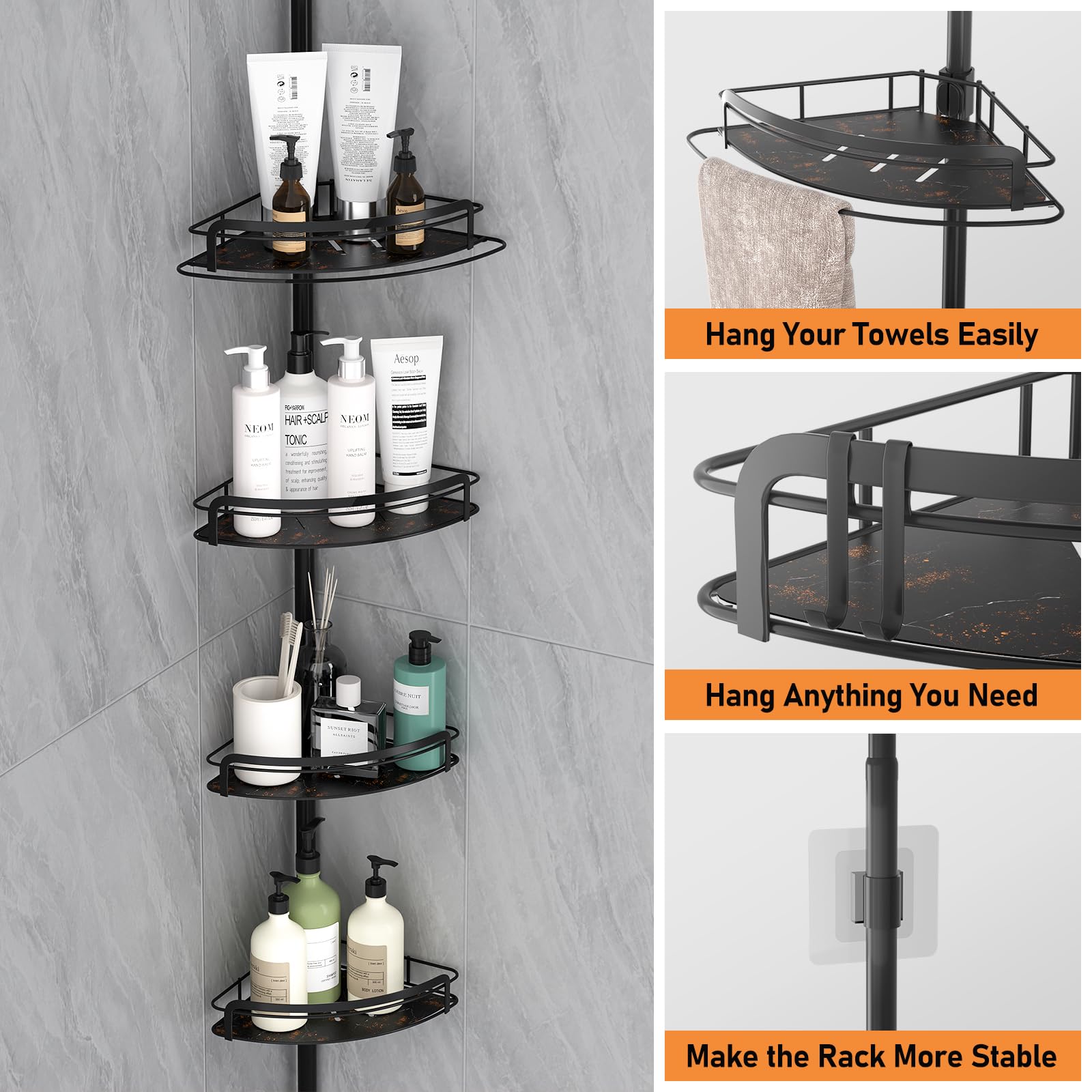 KVKVMO Corner Shower Caddy Tension Pole - Rustproof & Waterproof Shower Organizer Corner, 4-Tier Adjustable Bathroom Shower Rack from 48-115 Inches, for Bathroom and Bathtub