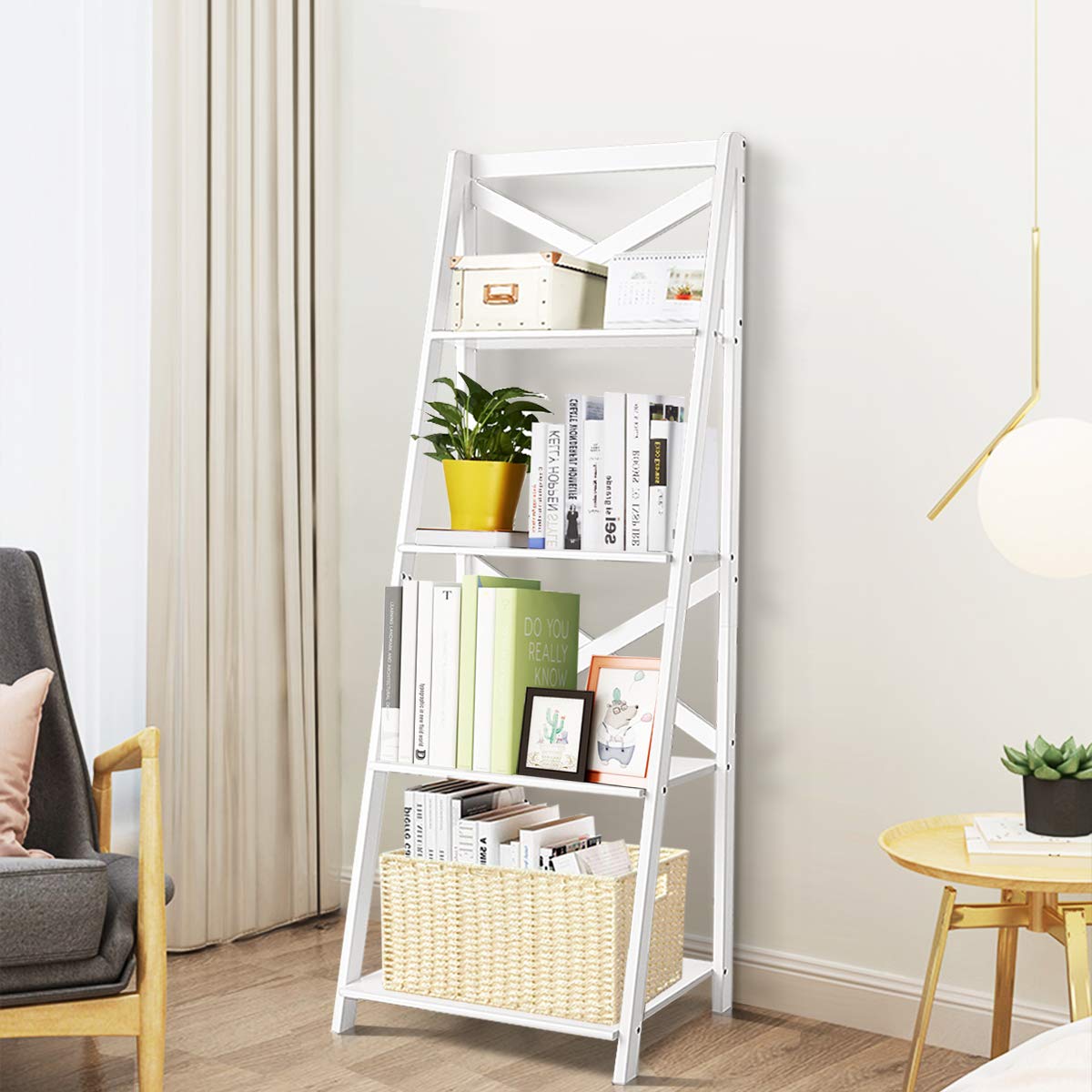 Tangkula 4-Tier Ladder Shelf Bookcase Leaning Free Standing Wooden Frame Decor Bookshelf Storage Flower Shelf Plant Display Shelf for Home Office (White, 1)