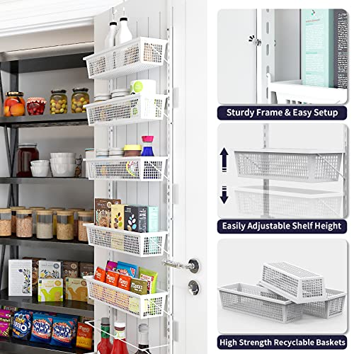 Over the Door Organizer, Adjustable Over Pantry Door Storage with 6 Deep Basket Hanging Over Door Spice Rack Closet Cabinet Door Shelf Organizer for Kitchen Bathroom, Wall Mountable, Modularized Use