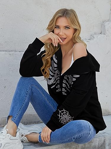 MOUSYA Women’s Skeleton Oversized Zip Up Hoodie Y2k Skull Sweashirt Rhinestone Graphic Hoodies Fall Long Sleeve Pullover Tops Black