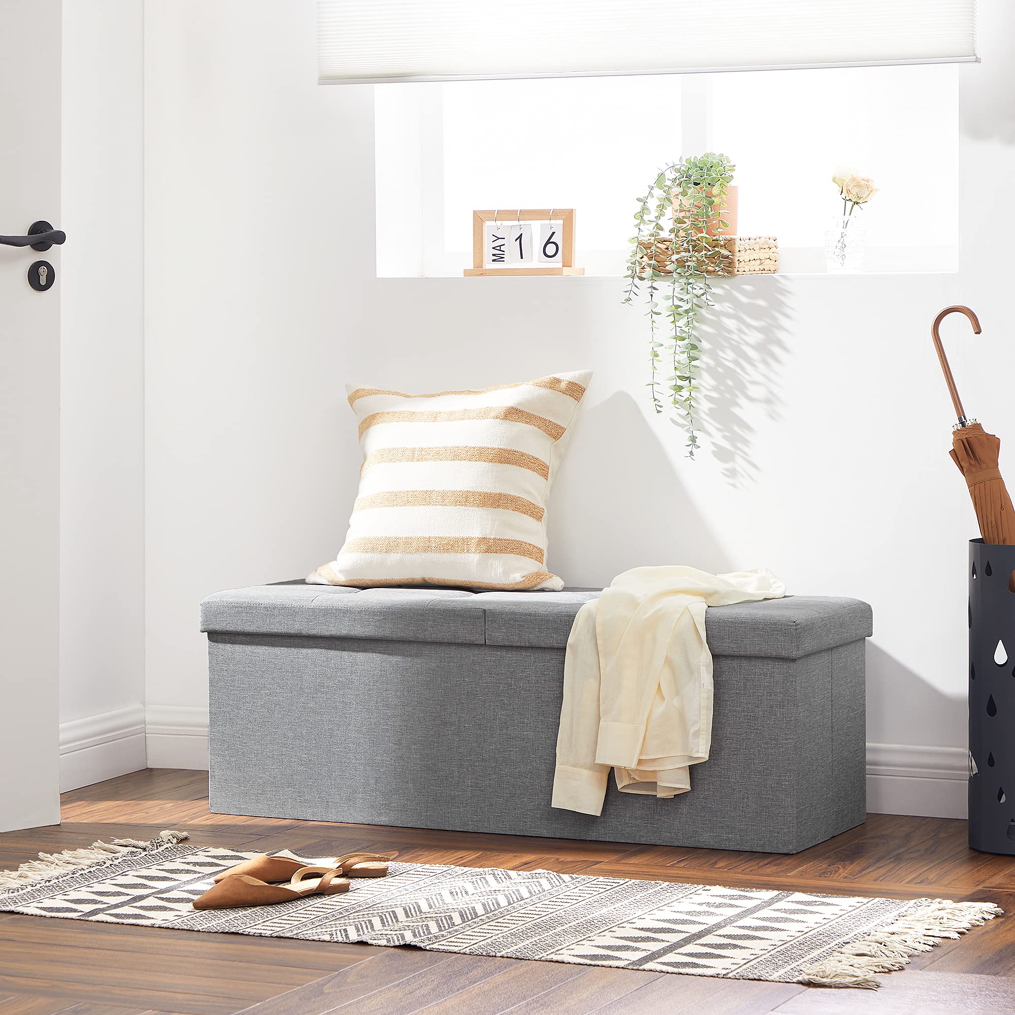 SONGMICS Storage Ottoman, Foldable Storage Bench, 15 x 43 x 15 Inches, Flipping Lid, 660 lb Load Capacity, for Entryway, Living Room, Bedroom, Ash Gray ULSF71G