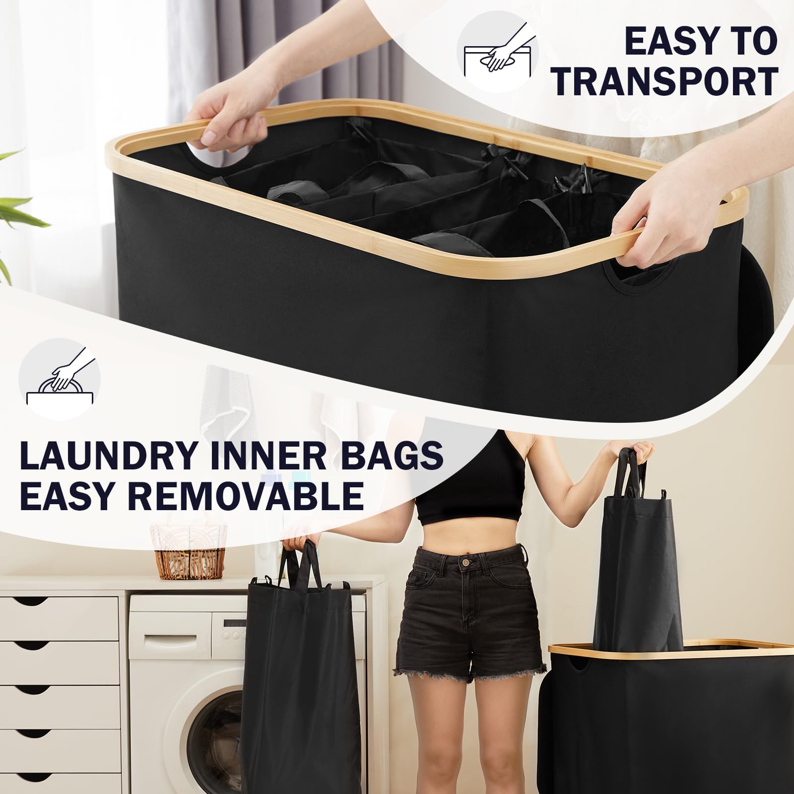 Laundry Hamper with Lid, 160L Extra Large Hamper for Laundry Basket with lid, 3 Section Storage Dirty Clothes Hamper with Removable Bags for Bathroom, Bedroom, Blanket, Toys, White