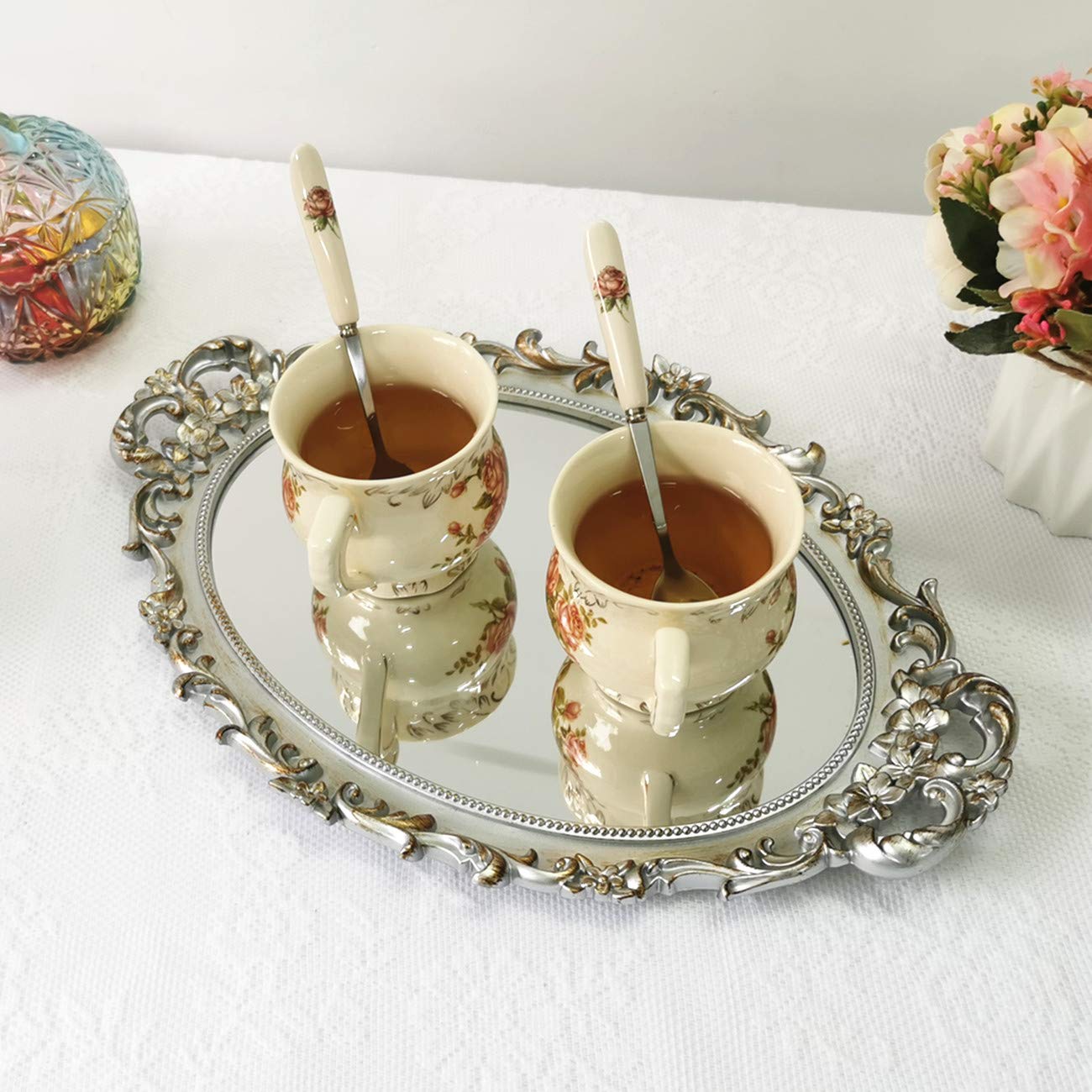 Ham Oval Floral Wall Mirror Tray, Dresser Organizer Tray, Decorative Perfume Mirror Tray, Serving Tray, 9.5’’ X 14.5’’, Silver
