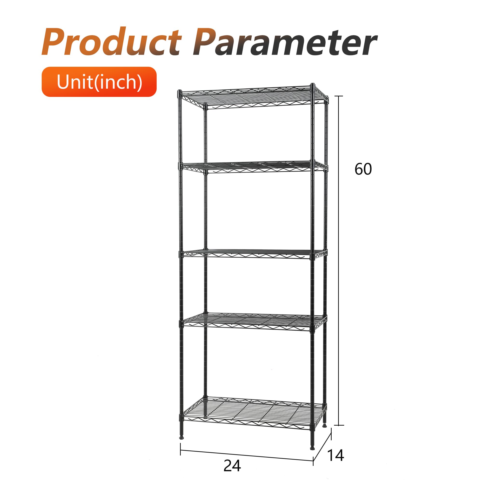 FDW Shelves,Wire Shelving Utility Storage Shelves Shelving Unit NSF Certified Height Adjustable Metal 5 Tier Shelves Easy Assembly 24" L x 14" W x 60" H,Black